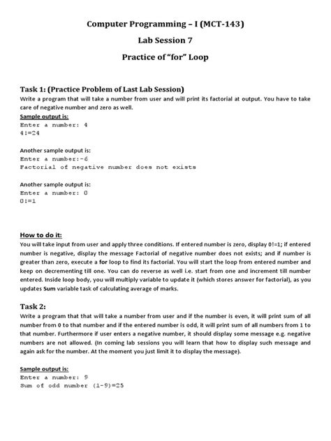 Computer Programming I Mct 143 Lab Session 7 Practice Of For Loop Pdf Control Flow