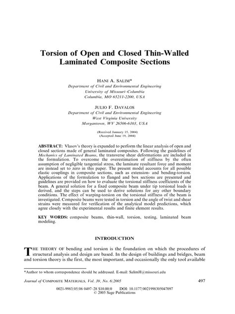 Torsion Of Open And Closed Thin Walledlaminated Composite Sections Pdf Beam Structure