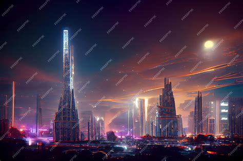 추상 미래의 밤 유토피아 도시 신경망 생성 예술 프리미엄 사진