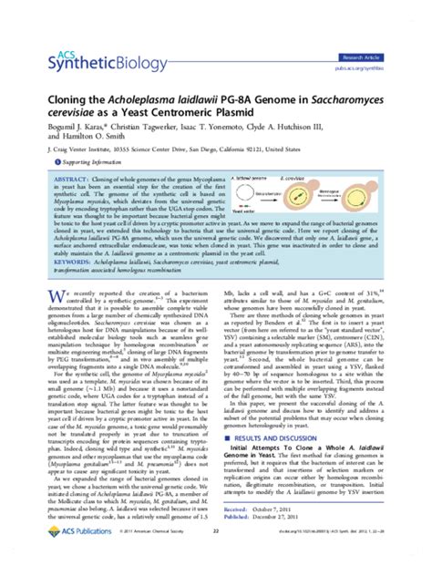 Pdf Cloning The Acholeplasma Laidlawii Pg 8a Genome In Saccharomyces
