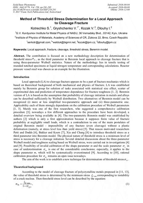 Method Of Threshold Stress Determination For A Local Approach To Cleavage Fracture Scientificnet