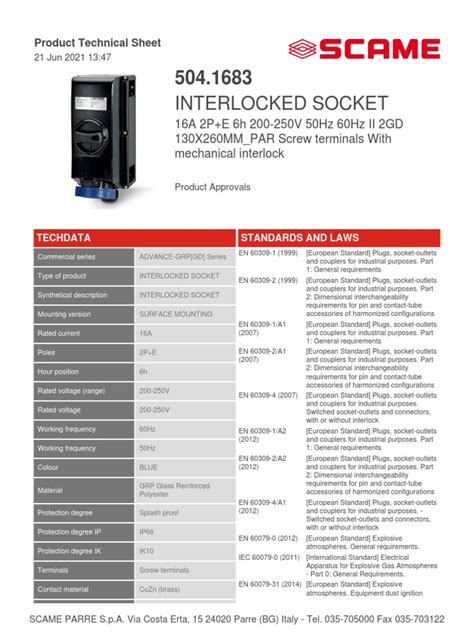 Interlocked Socket 16a 2p E 6h 200 250v 50hz 60hz Ii 2gd 130x260mm Par Screw Terminals With
