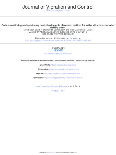 Pdf Online Monitoring And Self Tuning Control Using Pole Placement Method For Active Vibration