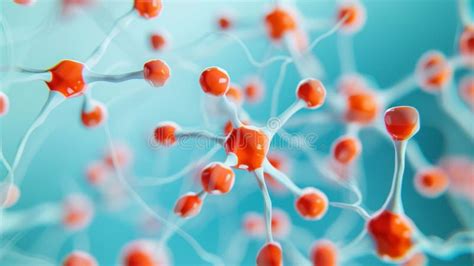 Abstract 3d Rendering Of Connected Red Spheres And White Lines On A Blue Background Representing