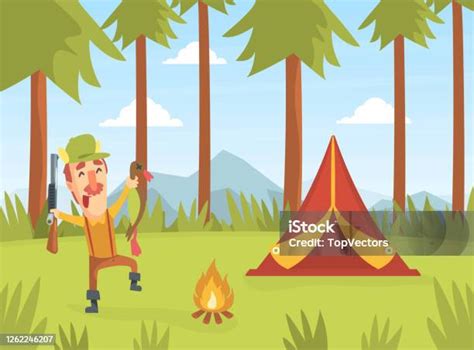 캠프파이어와 텐트 홀딩 트로피 버드 근처에 서 있는 남자 사냥꾼 소총 만화 벡터 일러스트레이션이 있는 카키 옷과 모자를 쓰고 있는 재미있는 사냥꾼 캐릭터 계절에 대한 스톡