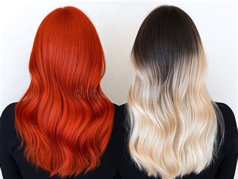 Two Women With Long Wavy Hair With Orange And Blonde Highlights Stock
