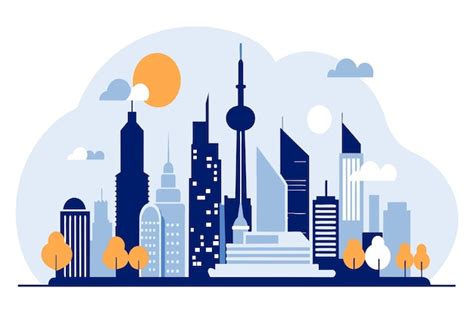 Premium Vector Stylized Cityscape With Towering Buildings And Trees Under A Setting Sun