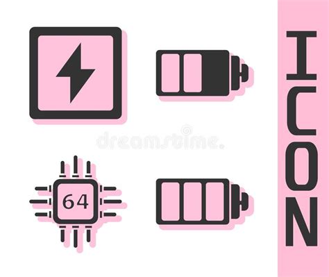 Set Battery Charge Level Indicator Lightning Bolt Processor With Microcircuits Cpu And Battery