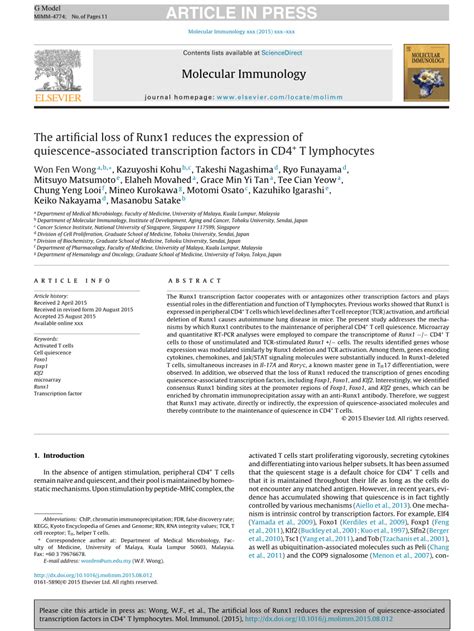 Pdf The Artificial Loss Of Runx1 Reduces The Expression Of Quiescence