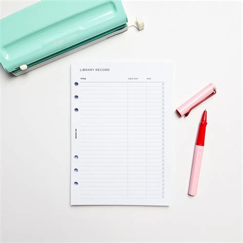 Printed A5 Library Borrowing Tracker Planner Inserts Book Loan Log