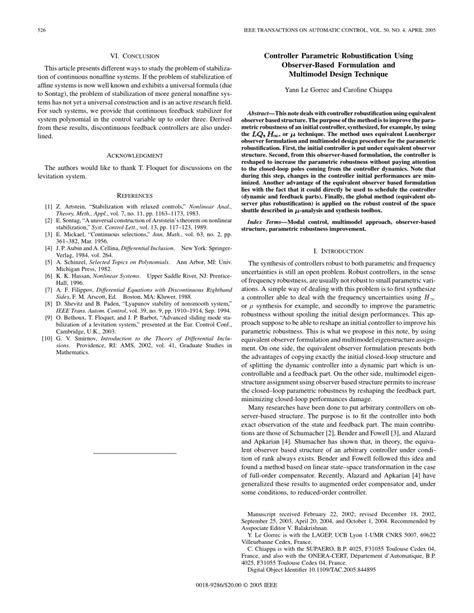 Pdf Controller Parametric Robustification Using Observer Based Formulation And Multimodel
