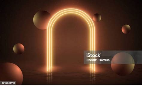 벡터 3d 렌더링 추상적인 배경 복사 공간이 있는 빛나는 프레임입니다 젖은 반사 바닥 연단 패션 연단 빈 공연 무대 제품 전시를 위한 빈 플랫폼 위의 주도된 네온 아치 빈