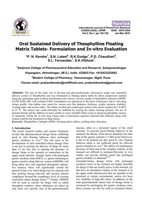 Pdf Oral Sustained Delivery Of Theophylline Floating Matrix Tablets Formulation And In Vitro