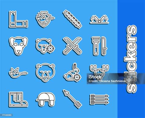 세트 라인 힙스터 화살표 뿔이 달린 무스 머리 손전등과 칼 사냥 카트리지 벨트 카트리지 곰 십자선 개 카트리지 및 교차 사냥꾼 아이콘 벡터 거위 새에 대한 스톡 벡터 아트