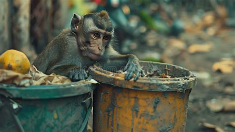 Monkey Is Sitting On The Edge Of Trash Bin Looking At The Contents