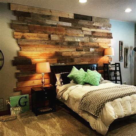 Rustic Wooden Plank Bed With Cozy Pillows Wood On Accent Wall Pallet