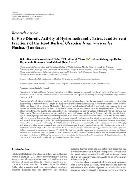 Pdf In Vivo Diuretic Activity Of Hydromethanolic Extract And Solvent