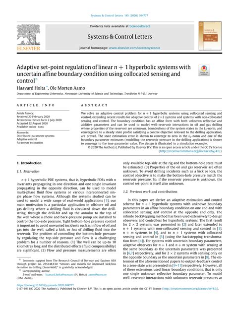 PDF Adaptive Set Point Regulation Of Linear N Hyperbolic Systems With Uncertain Affine