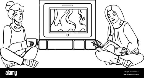 Fire Fireplace Woman Vector Drink Hot Warm Indoors Cozy Relax Fire Fireplace Woman Character