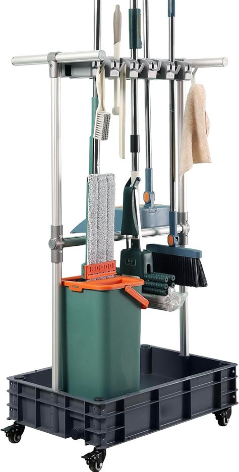 Broom Mop Holder Cleaning Supplies Organizer Janitor Carts On Wheels
