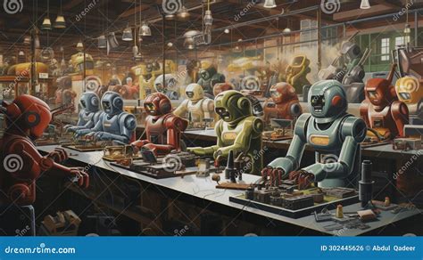 An Assembly Line Of Robots Diligently Assembling High Tech Devices