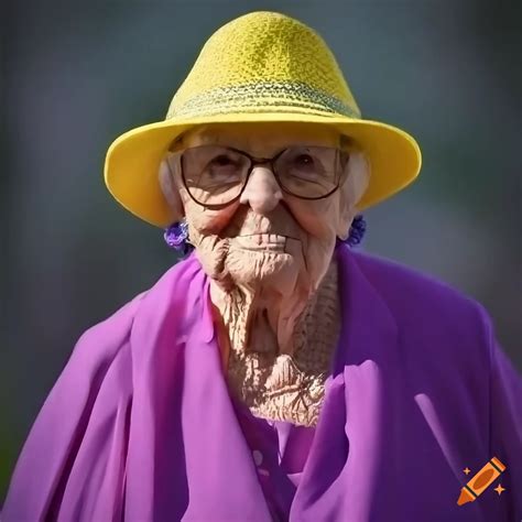 Fashionable Granny With Yellow Hat And Violet Robe On Craiyon