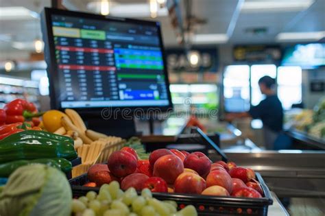 closeup of a busy retail checkout counter transaction screens showing
