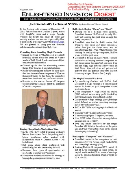 2 Value Investing Lecture By Joel Greenblatt With Strategies Of Warren