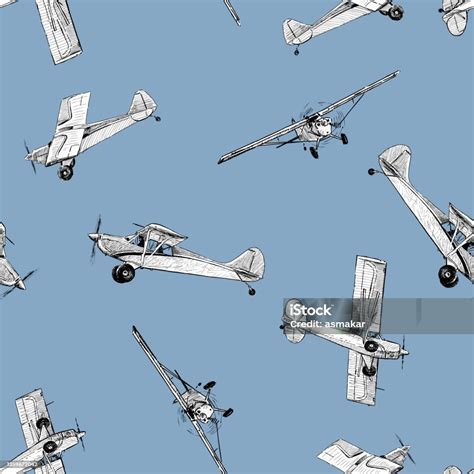 푸른 하늘에 비행에 다양한 그려진 복고풍 비행기의 원활한 패턴 고대의에 대한 스톡 벡터 아트 및 기타 이미지 고대의 공중 뷰 교통수단 Istock