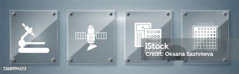 세트 프로세서 물집 팩에 알 약 위성 및 현미경 정사각형 유리 패널 벡터 0명에 대한 스톡 벡터 아트 및 기타 이미지 0명