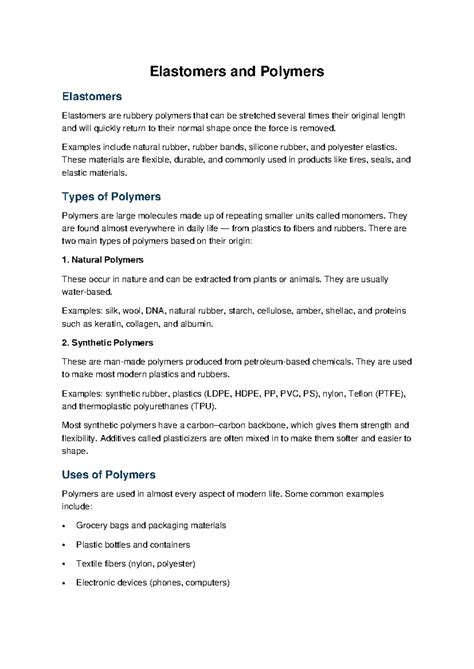 Elastomers And Polymers Overview Types And Applications Studocu