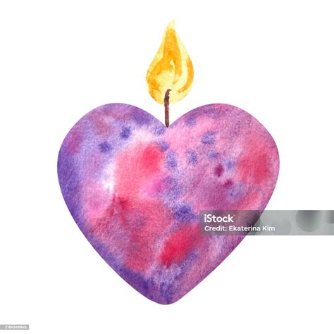 흰색에 고립 된 분홍색과 보라색의 밝은 심장 불타는 촛불 손으로 그린 수채화 그림입니다 완벽한 세인트 발렌타인 데이 사랑 카드 포스터 섬유 장식 클립 아트 그리기에 대한