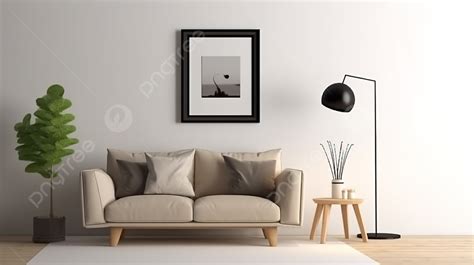 3d 렌더링된 사진 프레임 모형이 있는 미니멀한 스칸디나비아 방 거실 창 고급스러운 인테리어 방 디자인 배경 일러스트 및