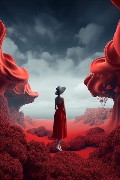Premium Ai Image A Woman Stands In A Red Landscape With Red Trees And