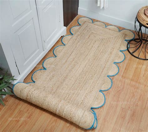 Scallop Natural Jute Runner Blue Scalloped Edge Runner Braided Area