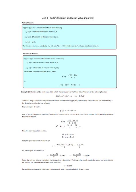 Unit3 Rolles And Mean Value Theorem Mth165 Theorem And Mean Value