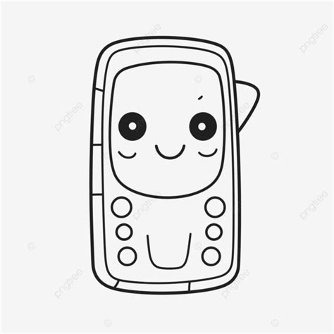 개요 스케치 드로잉을 보여주는 애니메이션 얼굴이 있는 작은 만화 전화기 벡터 휴대 전화 그리기 휴대폰 개요 휴대 전화