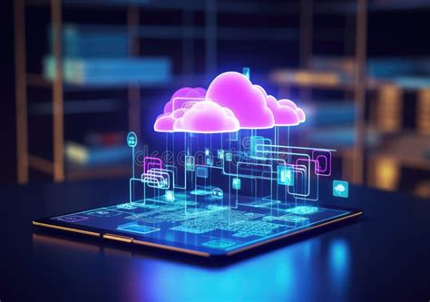 Neon Light Showing Cloud Computing On Tablet Computer Neon Light Showing Cloud Computing On