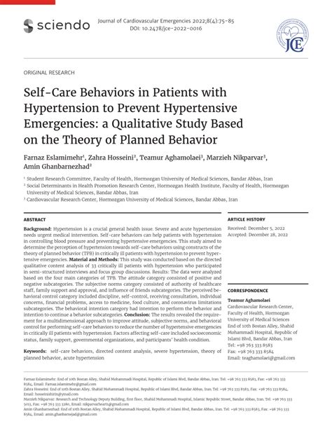 Pdf Self Care Behaviors In Patients With Hypertension To Prevent Hypertensive Emergencies A
