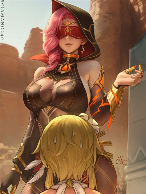 rule 34 2girls artist signature asymmetrical hair babel genshin