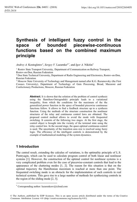 Pdf Synthesis Of Intelligent Fuzzy Control In The Space Of Bounded Piecewise Continuous