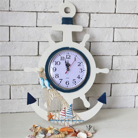 지중해 스타일 파란색과 흰색 방향타 시계 벽시계 홈 거실 침실 장식 나무 공예 스타일 조각