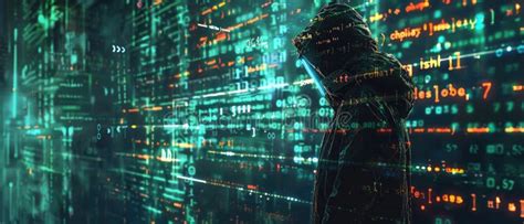 Dark Silhouette Of Hacker On Abstract Digital Data Background Green