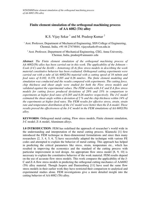 Pdf Finite Element Simulation Of The Orthogonal Machining Process Of