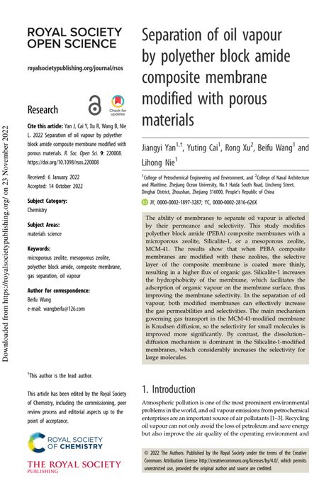 Pdf Separation Of Oil Vapour By Polyether Block Amide Composite
