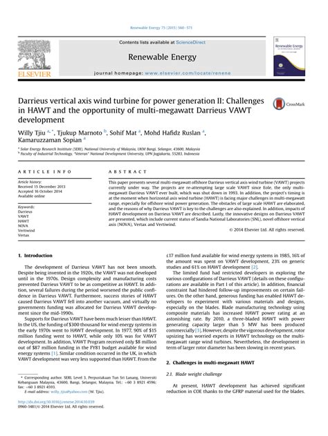 Pdf Darrieus Vertical Axis Wind Turbine For Power Generation Ii Challenges In Hawt And The