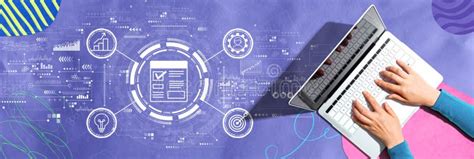 project management theme with person using a laptop stock illustration