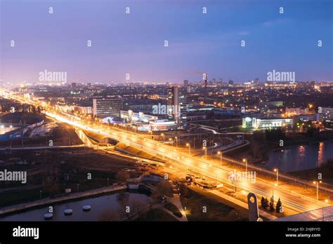 Minsk Belarus Aerial View Cityscape In Bright Blue Hour Evening And