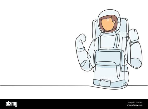 Single Continuous Line Drawing Astronaut With Celebrate Gesture Wearing Spacesuits To Explore