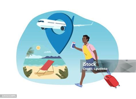 항공 여행 및 관광 개념 여행 가방을 든 남자가 비행기로 달려가고 있습니다 벡터 일러스트 레이 션 계절에 대한 스톡 벡터 아트 및 기타 이미지 Istock